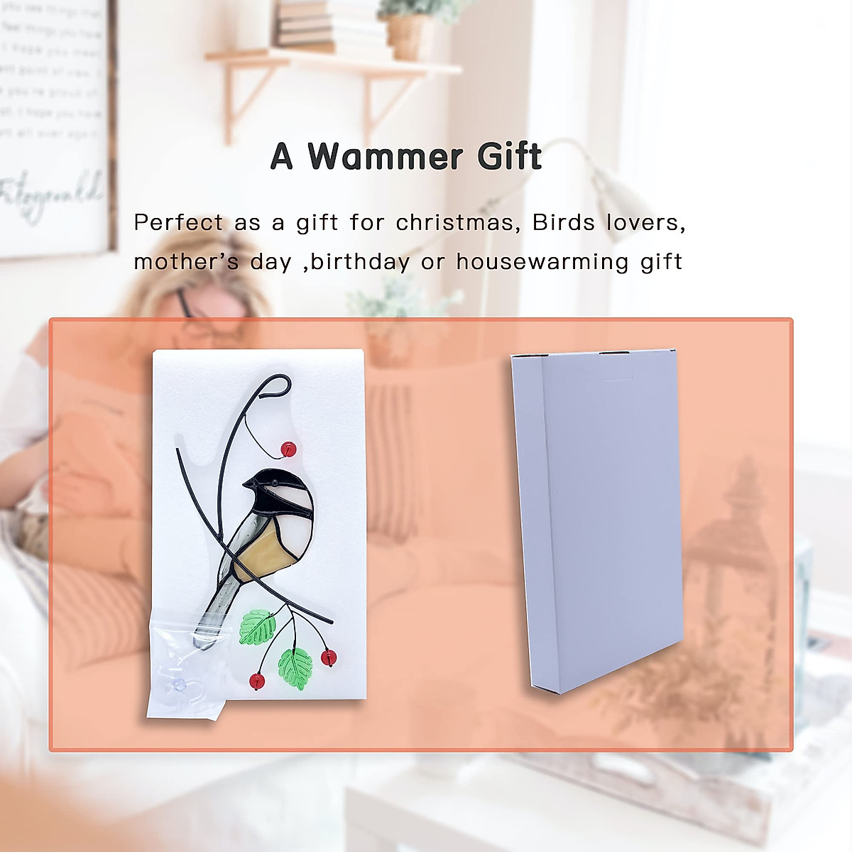 Lolitarcrafts Chickadee Stained Glass Suncatcher Bird Stained Glass Window Hangings for Window Decoration