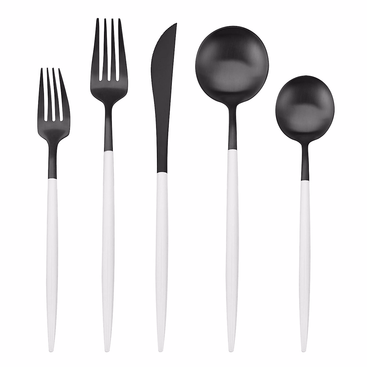 Matte Black Silverware Set with white handle, Bysta 5-Piece Stainless Steel Flatware Set, Kitchen Utensil Set Service for 1, Tableware Cutlery Set for Home and Restaurant, Dishwasher Safe
