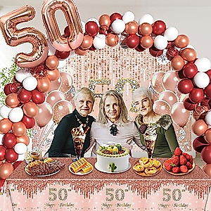 50th Birthday Decorations Women - Rose Gold Happy 50th Birthday Decor Include Balloon Garland Arch Kit,50th Birthday Backdrop,Tablecloth,Number 50 Foil Confetti balloon 50 Years Old Party Supplies