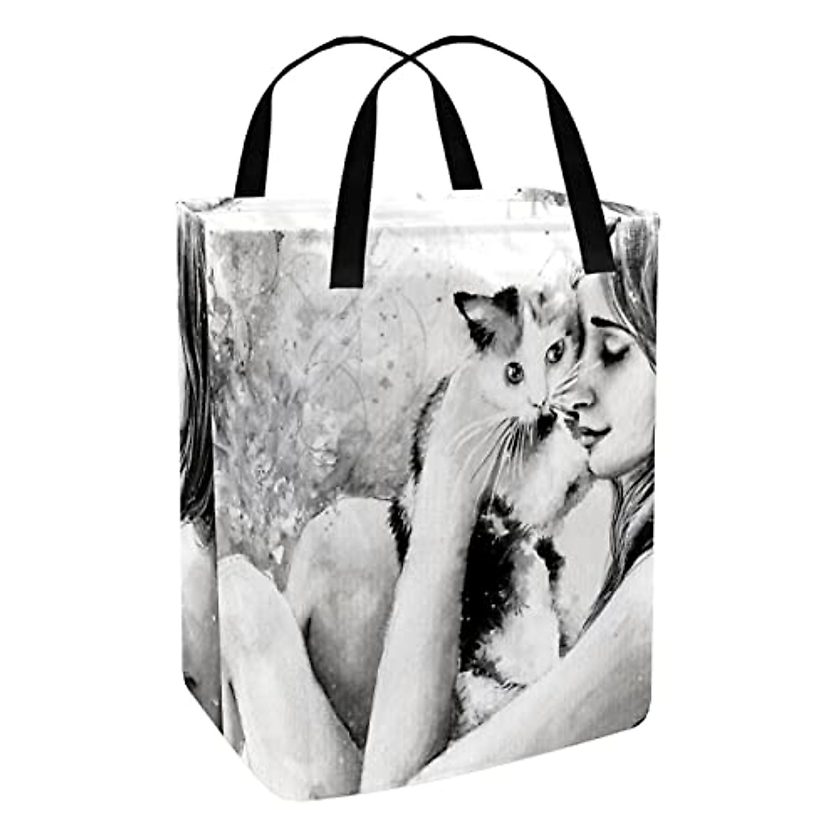 Beauty Girl and Cat Print Collapsible Laundry Hamper, 60L Waterproof Laundry Baskets Washing Bin Clothes Toys Storage for Dorm Bathroom Bedroom