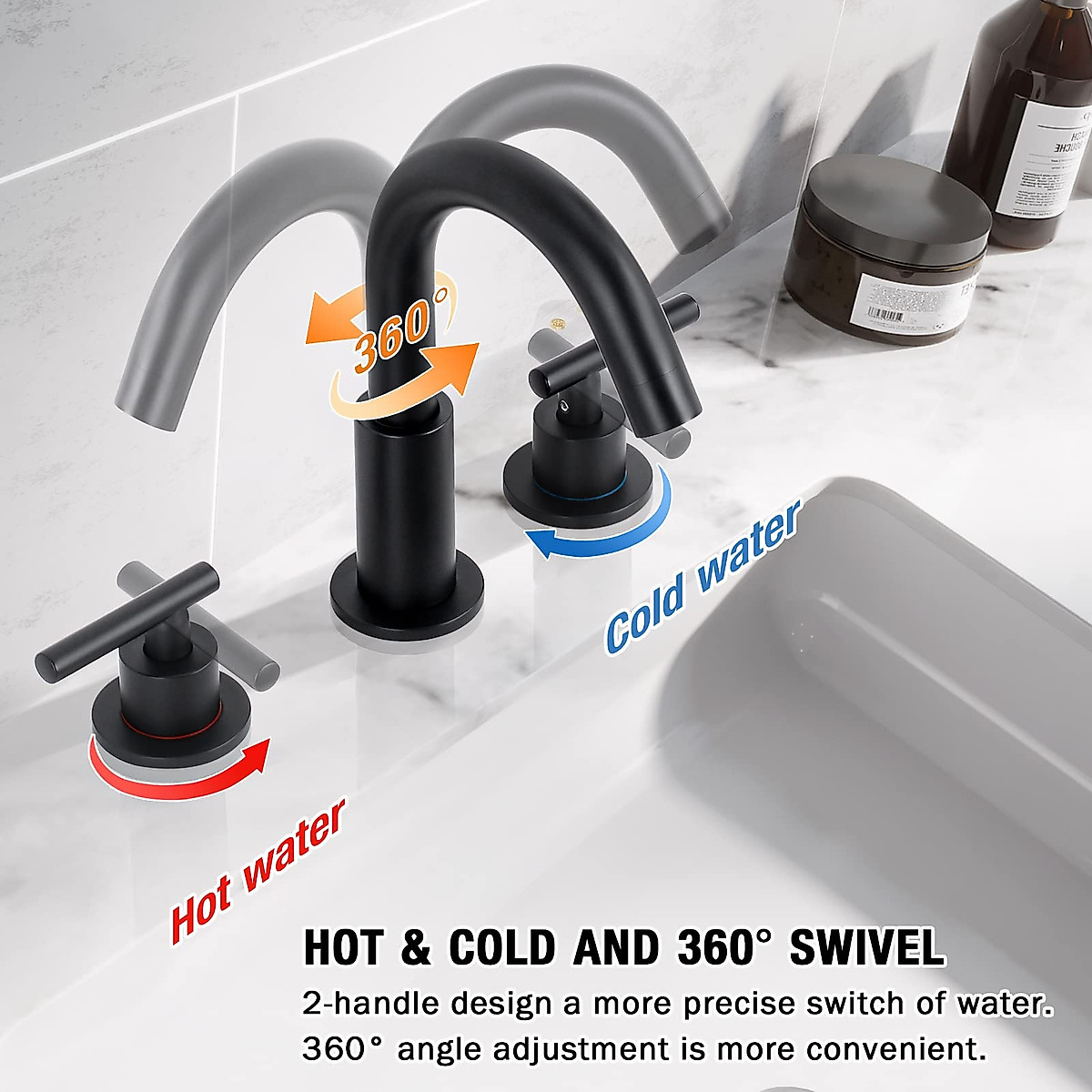 Qomolangma Black Bathroom Faucets for Sink 3 Hole, 8 inch Widespread Bathroom Faucet, 2-Handle Bathroom Sink Faucet, 360° Swivel Spout Lavatory Sink Faucet with Water Supply Lines & Pop Up Drain