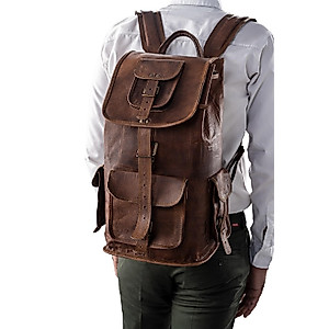 PLW 24" Inch Leather Backpack for Men | Handmade Vintage Brown Leather Laptop Backpack | Adjustable Leather Rucksack Knapsack Camping Travel Bag for Women