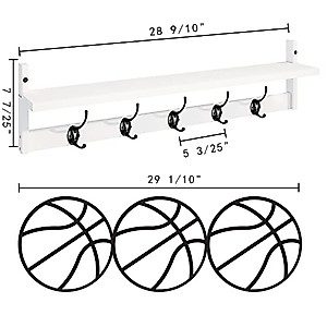 BAMEOS Wall Hooks with Shelf Entryway Wall Hanging Shelf Wood Coat Hooks for Wall with Shelf Wall-Mounted Coat Hook Rack with 5 Dual Hooks for Bathroom, Living Room, Bedroom (White-with Shelf)