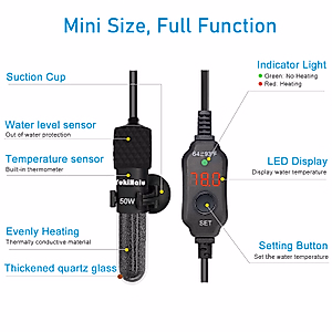 YukiHalu Small Submersible Aquarium Heater, Adjustable Mini Fish Tank Heater 25W 50W 100W 200W 300W with External Temperature Controller, LED Display, Used for 5/10/20/40/60 Gallons (50 Watts)
