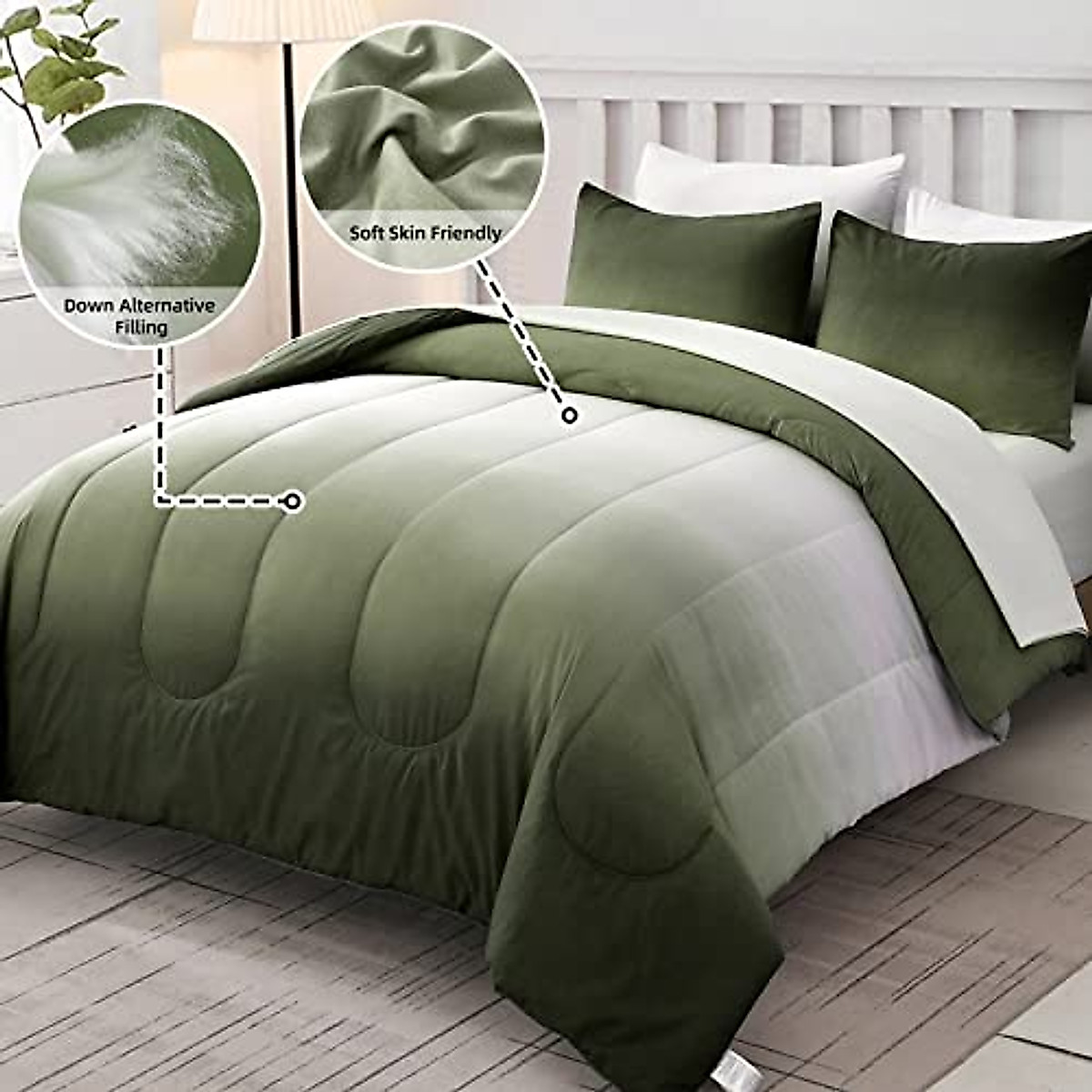 7 Pieces Gradient Olive Green Comforter Set Queen - Lightweight Green Bed in a Bag Queen Size Set, All Season Down Alternative Complete Bedding Set with Flat/Fitted Sheet, Pillowcases and Pillow Shams