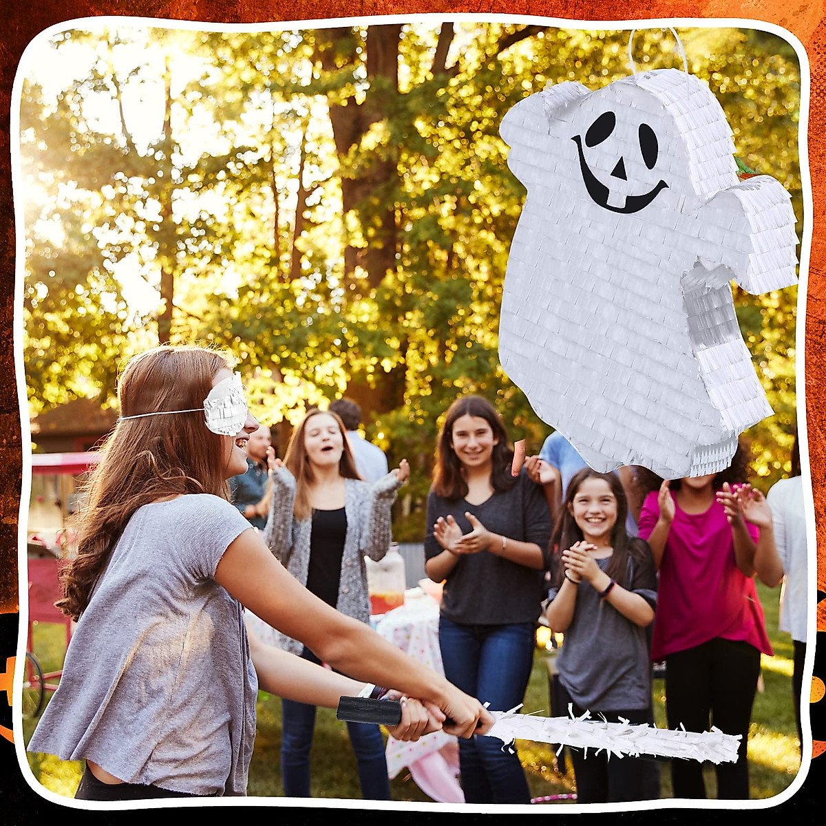 Halloween Ghost Piñata Spooky White Ghost Piñata with Stick and Blindfold Halloween Hanging Decoration Mexican Piñata for Kids Birthday Game Halloween Party Supplies