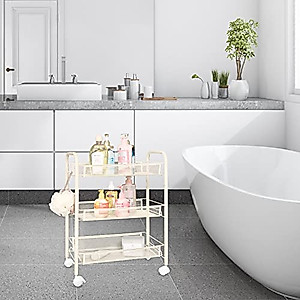 ruishetop Rolling Push Cart Stand Shelves, Storage Rack with Wheels with Mesh Wire Basket, Multifunction Metal Trolley Organizer for Home, Office, Bedroom, Bathroom, Kitchen (3-Tier Rack Beige)