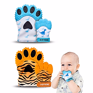 BabyNoms ® Teething Mitten 2-Pack Bundle | Dino Blue & Tiger Orange Teether Paws