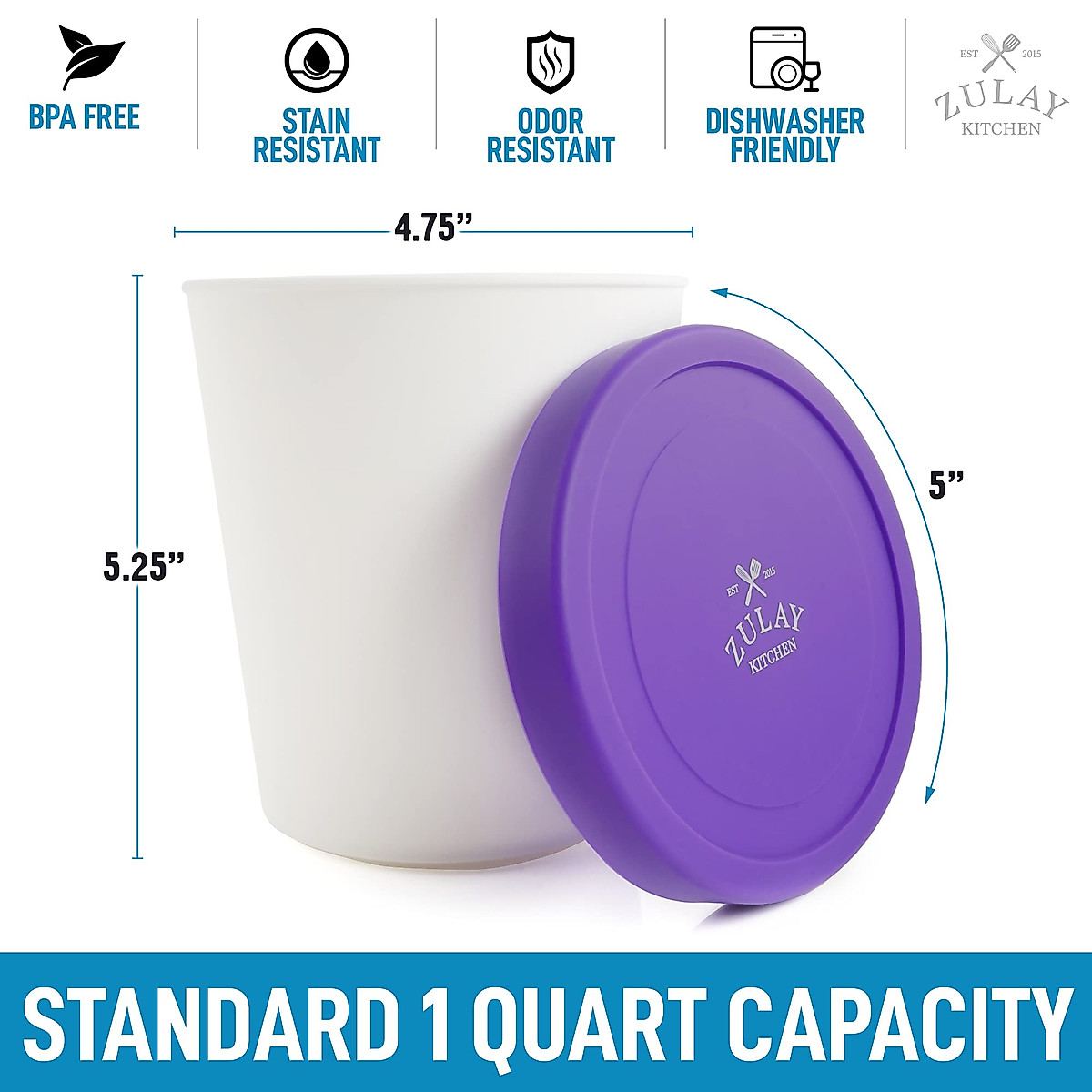 Zulay [2 Pack - 1 Quart Each] Large Ice Cream Containers For Homemade Ice Cream - Reusable Ice Cream Container Set with Lids - Ice Cream Pint Containers For Sorbet, Gelato, Frozen Yogurt (Purple)