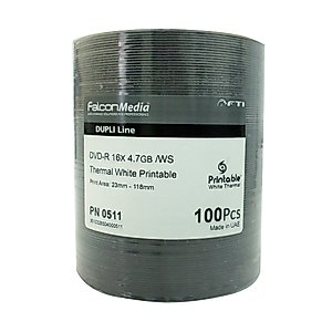 FalconMedia DVD-R16x 4.7 GB White Thermal Printable for Rimage and Teac Printer Print Area 23mm-118mm