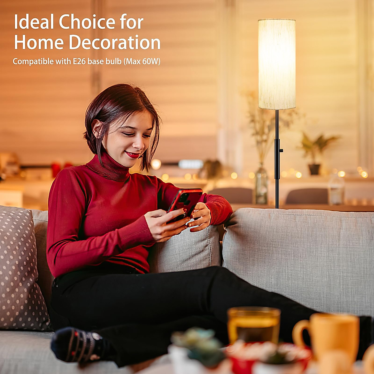 Floor Lamps for Living Room, Modern Standing Lamp, Minimalist Pole Lamp, Stepless Dimmable 9W Bulb Included, Tall Lamp with Linen Shade, Lamps for Bedroom, Office, Kids Room, Reading Light