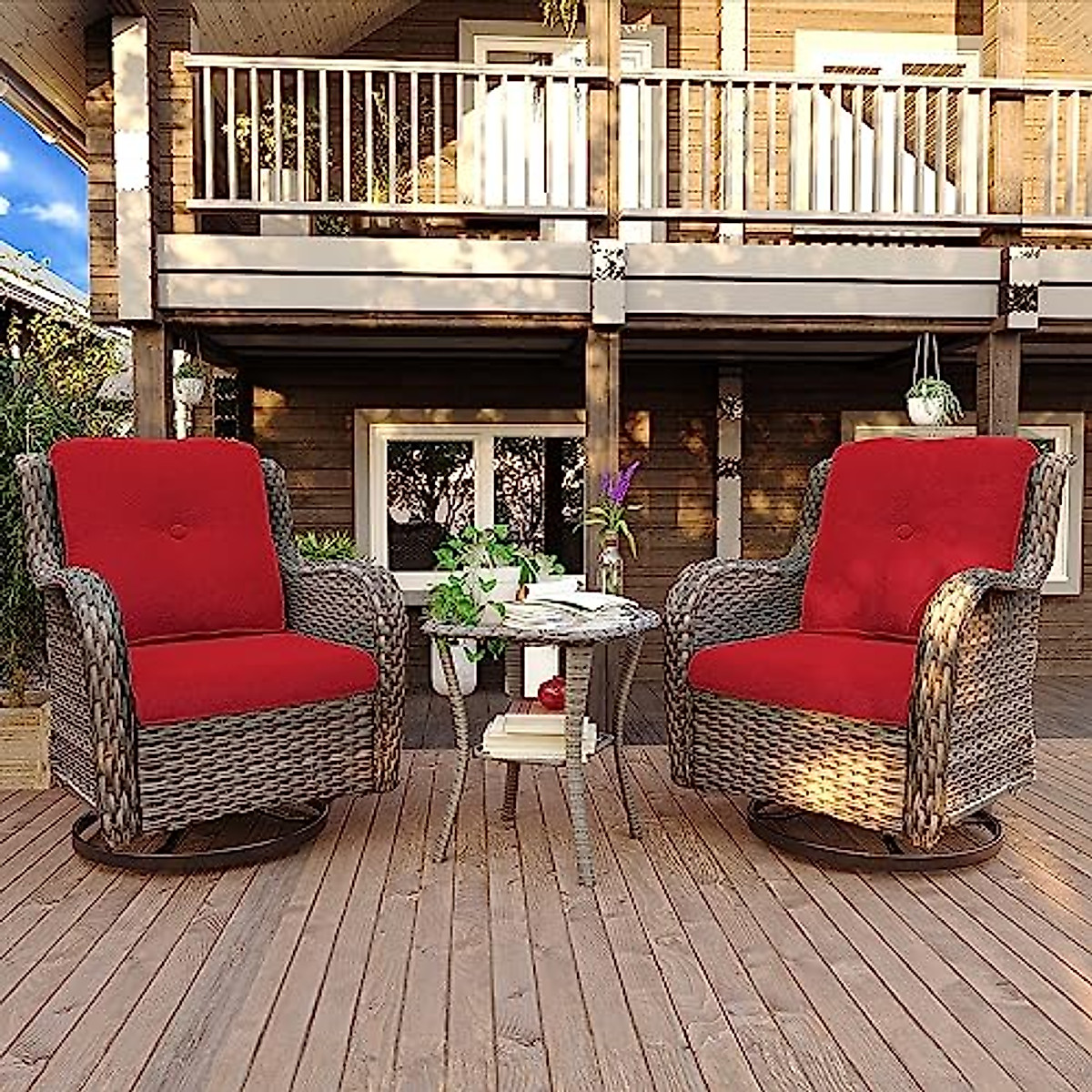 Joyside Outdoor 360 Degree Swivel Rocker Patio Chairs Sets of 2 and Matching Side Table - 3 Piece Wicker Patio Bistro Set Patio Swivel Rocker Chairs with Olefin Fabric Cushion(Brown/Red)