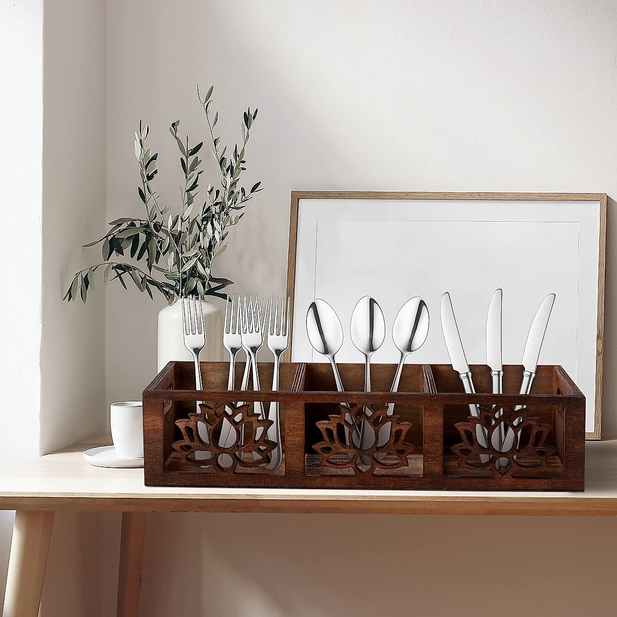 3 Slot Wooden Silverware Utensil Desk Organizer Caddy Utensil Organizer Cutlery Pen Pencil Caddy Desktop Storage with 3 Compartments Multiuse for Kitchen Office Supplies