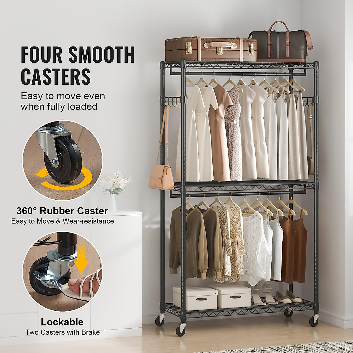 VEVOR Heavy Duty Clothes Rack, Rolling Clothing Garment Rack with 3 Storage Tiers, 2 Rods and 2 Pairs Side Hooks, Adjustable Height Clothing Rack Closet for Hanging Clothes, 400 Lbs Load Capacity