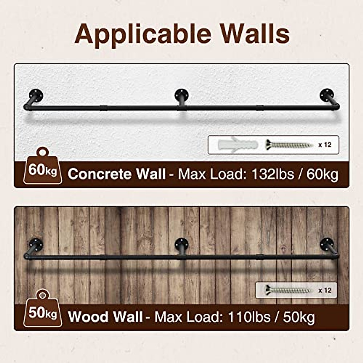 GREENSTELL Clothes Rack, 72.5 Inches Industrial Pipe Clothing Rack, Wall Mounted Closet Rod, Space-Saving Heavy Duty Hanging Bar, Detachable Multi-Purpose Hanging Rod for Closet Storage 3 Base