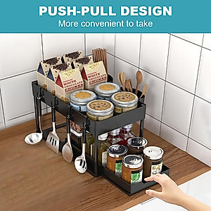 Jianyana Under Sink Storage and Organizer, Black Under Bathroom Cabinet Organizer with Hooks Hanging Cup Slide Drawers,2-tier Multi-purpose Large Capacity Kitchen Storage Shelf