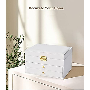 Jewelry Box Organizer for Women Girls, 3 Layer White PU Leather Jewelry Storage Case with 2 Removable Drawers, Mirror, Key Lock and 4 Pcs Jewelry Bags for Rings, Earrings, Necklace, Bracelet