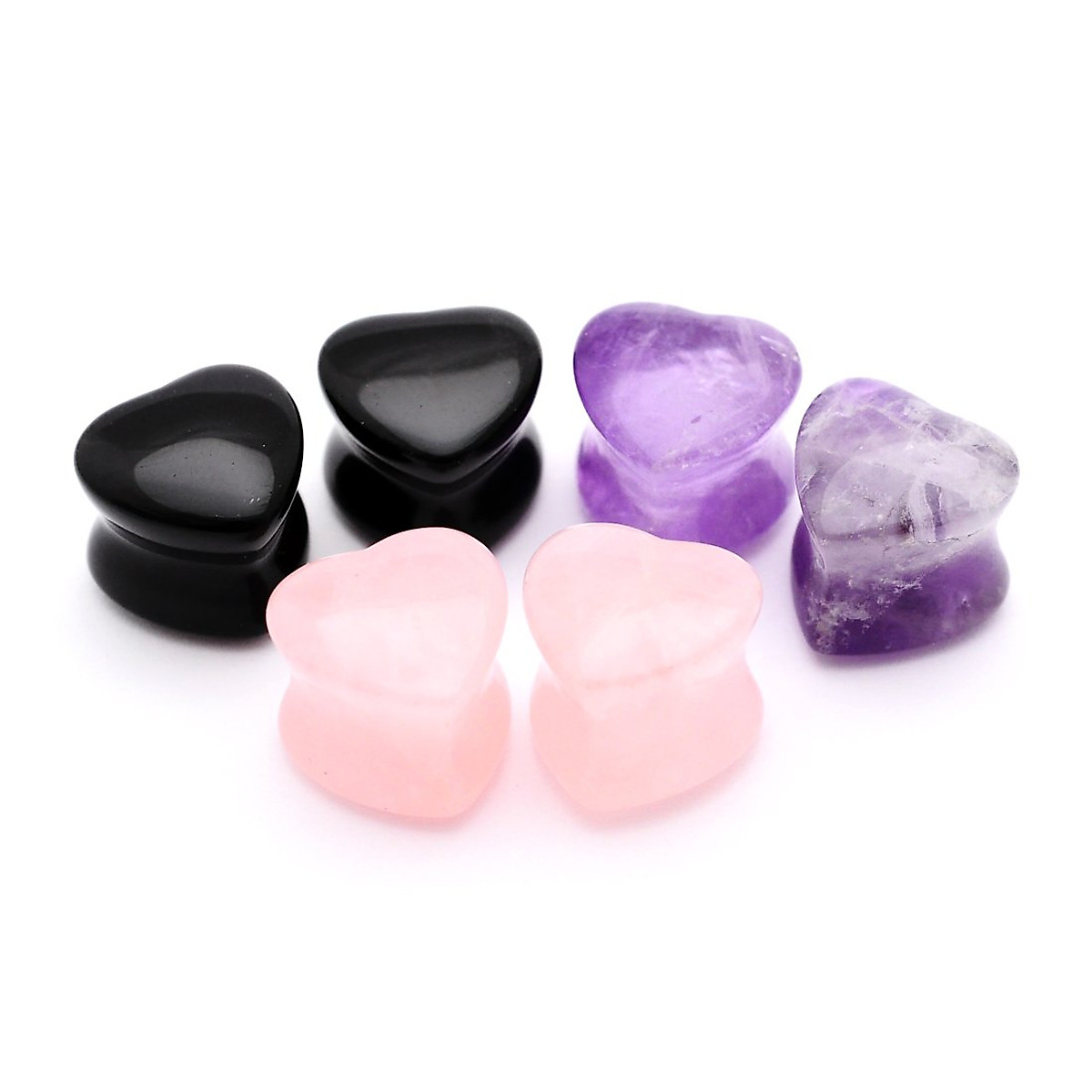 Mystic Metals Body Jewelry Set of 3 Pairs Heart Shaped Stone Plugs - Amethyst, Black Agate, Rose Quartz (00g (10mm))