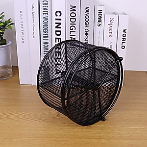Flytreal Mesh Rotating Desk Organizer, Black Pen Pencil Holder Metal Desktop Stationery Storage Caddy, 4 Compartments Large Capacity Organizer for Home Office School Art Supplies
