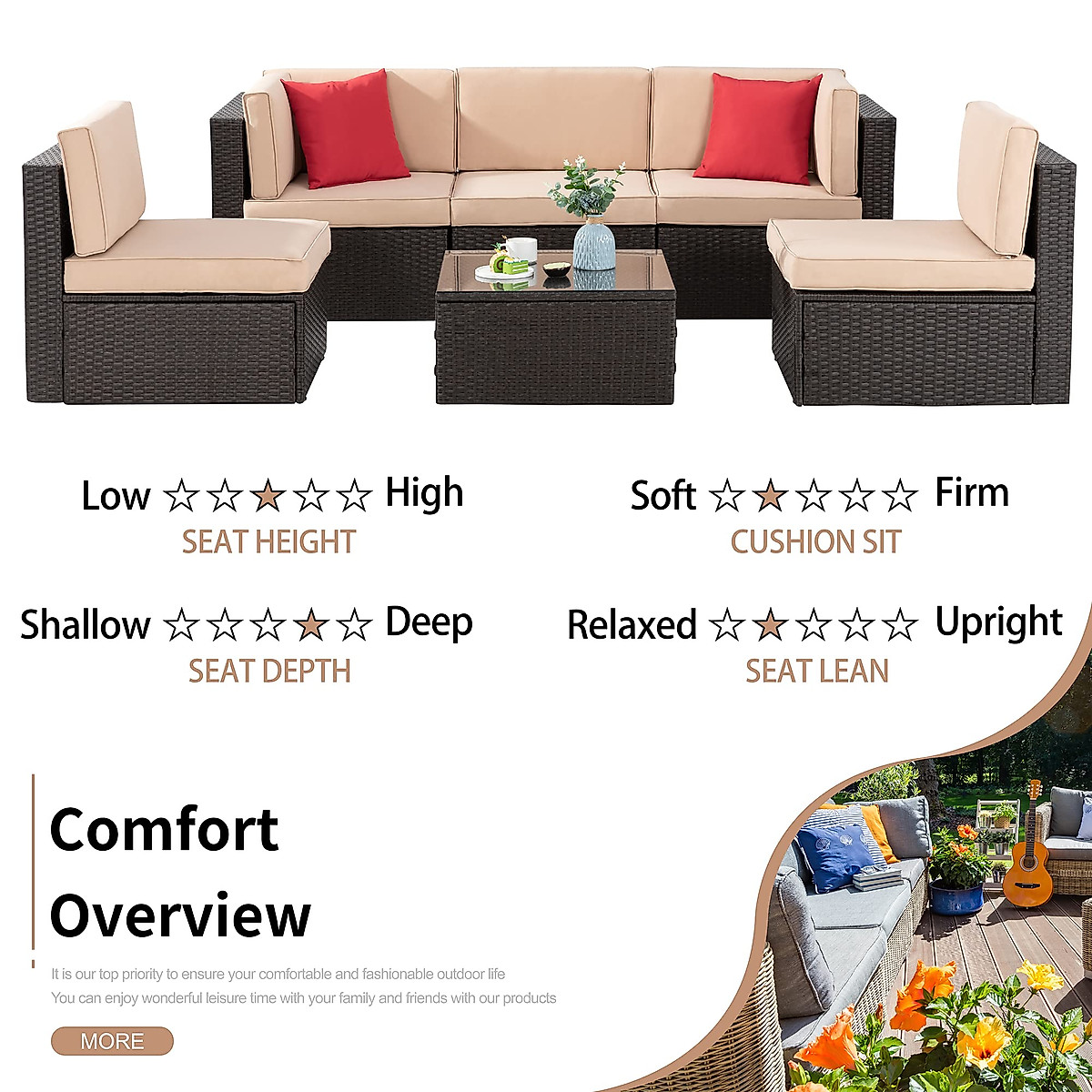 Shintenchi 6 Pieces Patio Furniture Sets Outdoor All-Weather Sectional Patio Sofa Set PE Rattan Manual Weaving Wicker Patio Conversation Set with Glass Table&Ottoman Cushion and Red Pillows, neutral