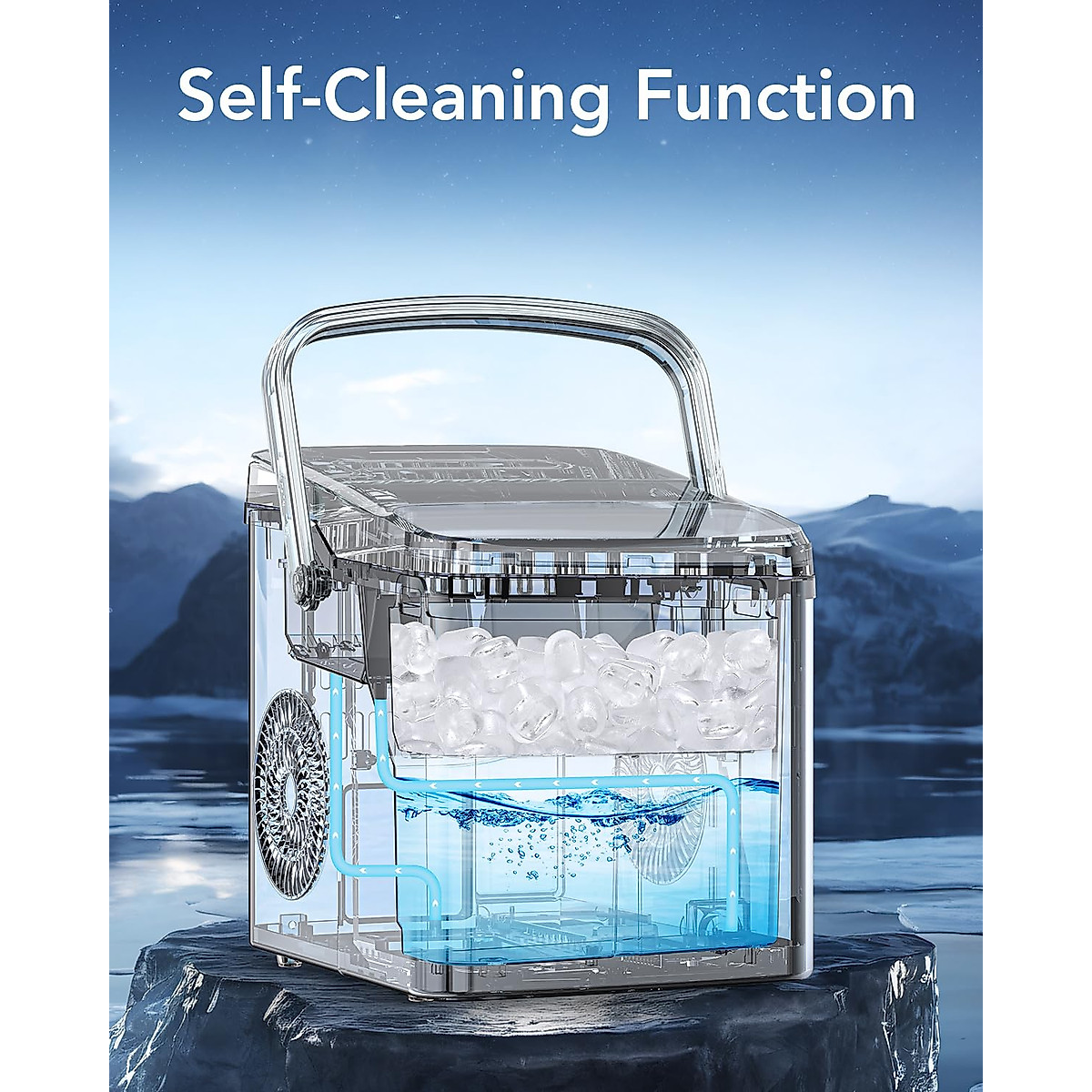 Kndko Ice Maker Countertop, Portable Ice Maker Machine with Handle, 26.5Lbs/24H, 9Pcs/6Mins, 2 Sizes of Bullet Ice, Self-Cleaning, Basket and Scoop, Ideal for Home/Office/Outdoor Use, Black