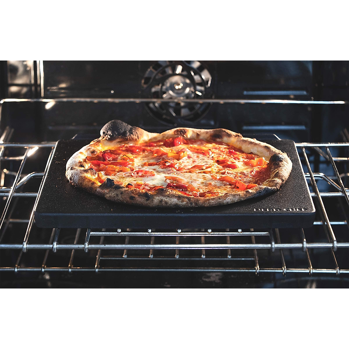 NerdChef Speed Steel - High Performance Pizza Baking Stone | Integrated Backstop & Handles | Heating Fins (13.5" x 14.5" x .90" Thick)