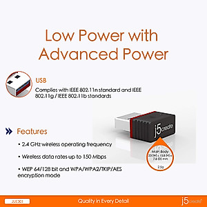 j5create Wireless 11N USB Mini Adapter -Data Transfer up to 150 Mbps | 2.4 GHz, Complies with IEEE 802.11n / IEEE 802.11g / IEEE 802.11b | Compatible with Windows