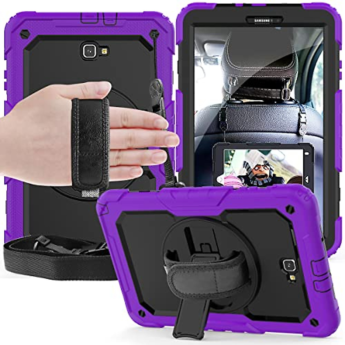 CLARKCAS Case for Samsung Galaxy Tab A 10.1 Case 2016 SM-T580/T585 with Screen Protector Kids Shockproof Rugged Cover Pencil Holder 360 Kickstand Hand Shoulder Strap Purple
