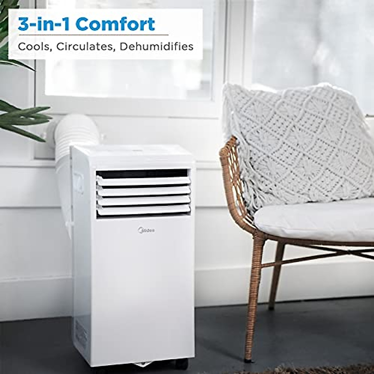 Midea 6,000 BTU ASHRAE (5,000 BTU SACC) Portable Air Conditioner, Cools up to 150 Sq. Ft., Works as Dehumidifier & Fan, Remote Control & Window Kit Included