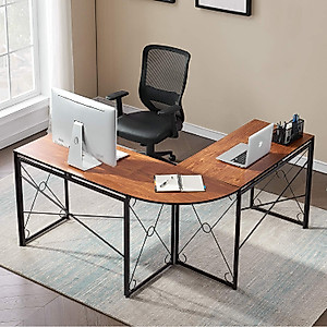 VECELO L Shaped Computer Corner Desk, 59’’x59’’ Large Industrial Home Office Workstation, Multi-Usage Long 2 Person Table, Easy Assembly/Saving Space, Steel Frame&Wooden Grain, Brown