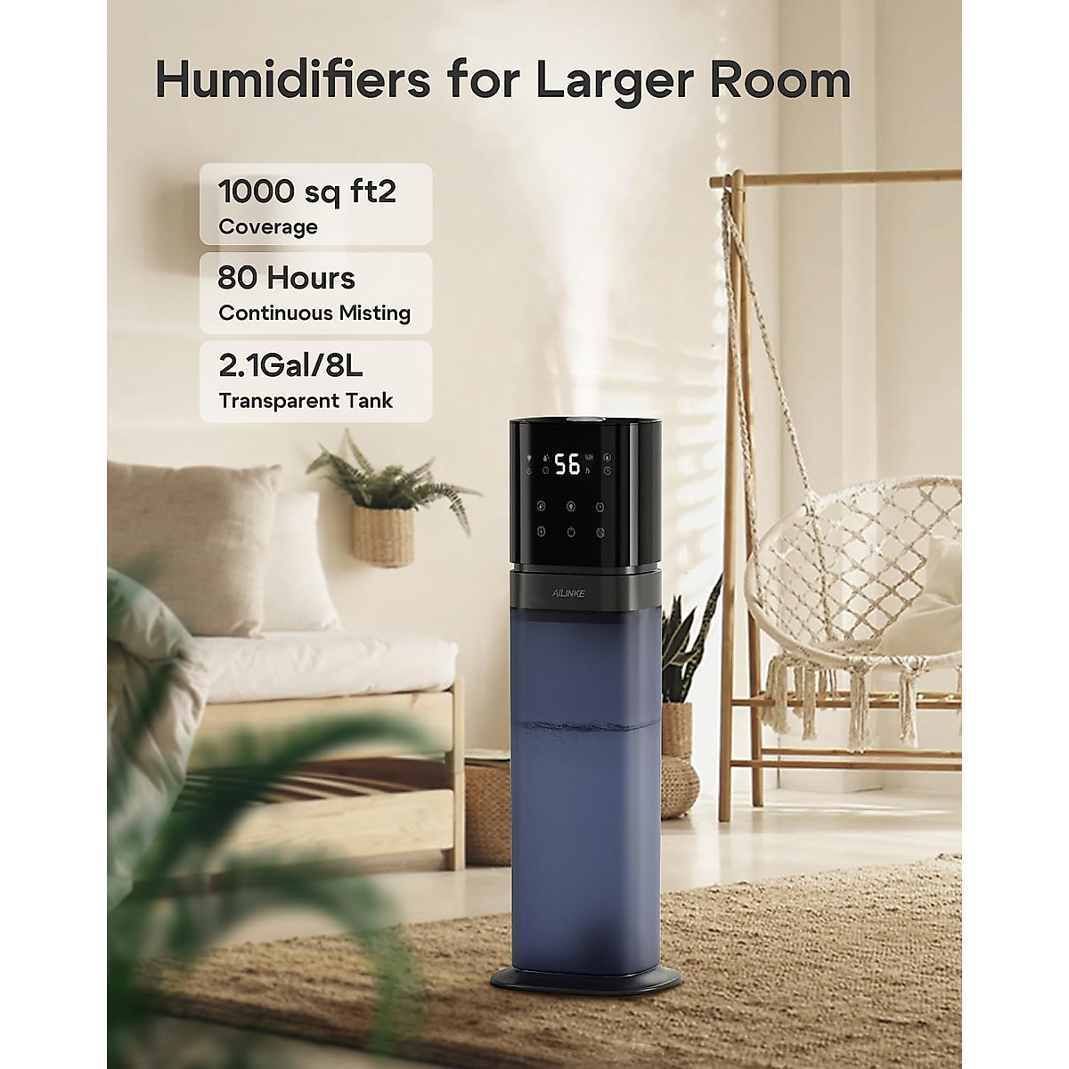 AILINKE Humidifiers for Bedroom, 2.1Gal/8L Top Fill Humidifier Large Room Home with Night Light, Room Ultrasonic Cool Mist Humidifier for Baby Home Adults Plants, Essential Oil Diffuser, Extended Tube