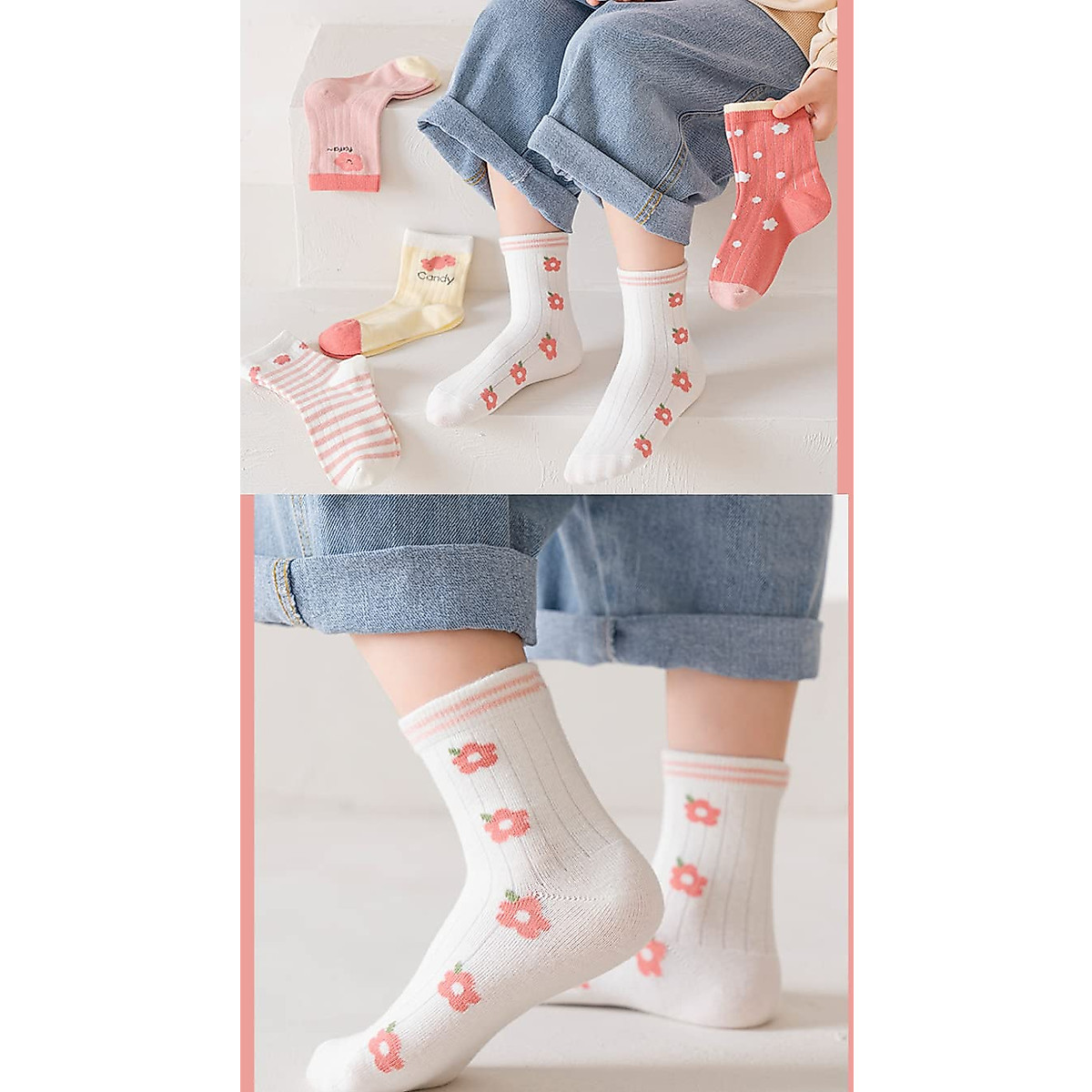 Toptim Kids Girls' Crew Socks Cute Casual Dress Cotton Socks (6-9 Years, 10 Pairs)