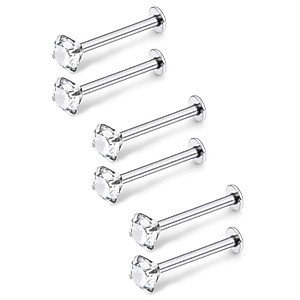 Dyknasz Labret Studs 16G Surgical Steel Monroe Barbell Lip Ring Piercing Jewelry 2mm Clear Diamond CZ with Flat Back for Women Men Silver-Tone