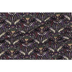 Spoonflower Fabric - Witch Life Purple Cards Cat Plants Crystals Magic Moon Mushrooms Black Printed on Petal Signature Cotton Fabric Fat Quarter - Sewing Quilting Apparel Crafts Decor