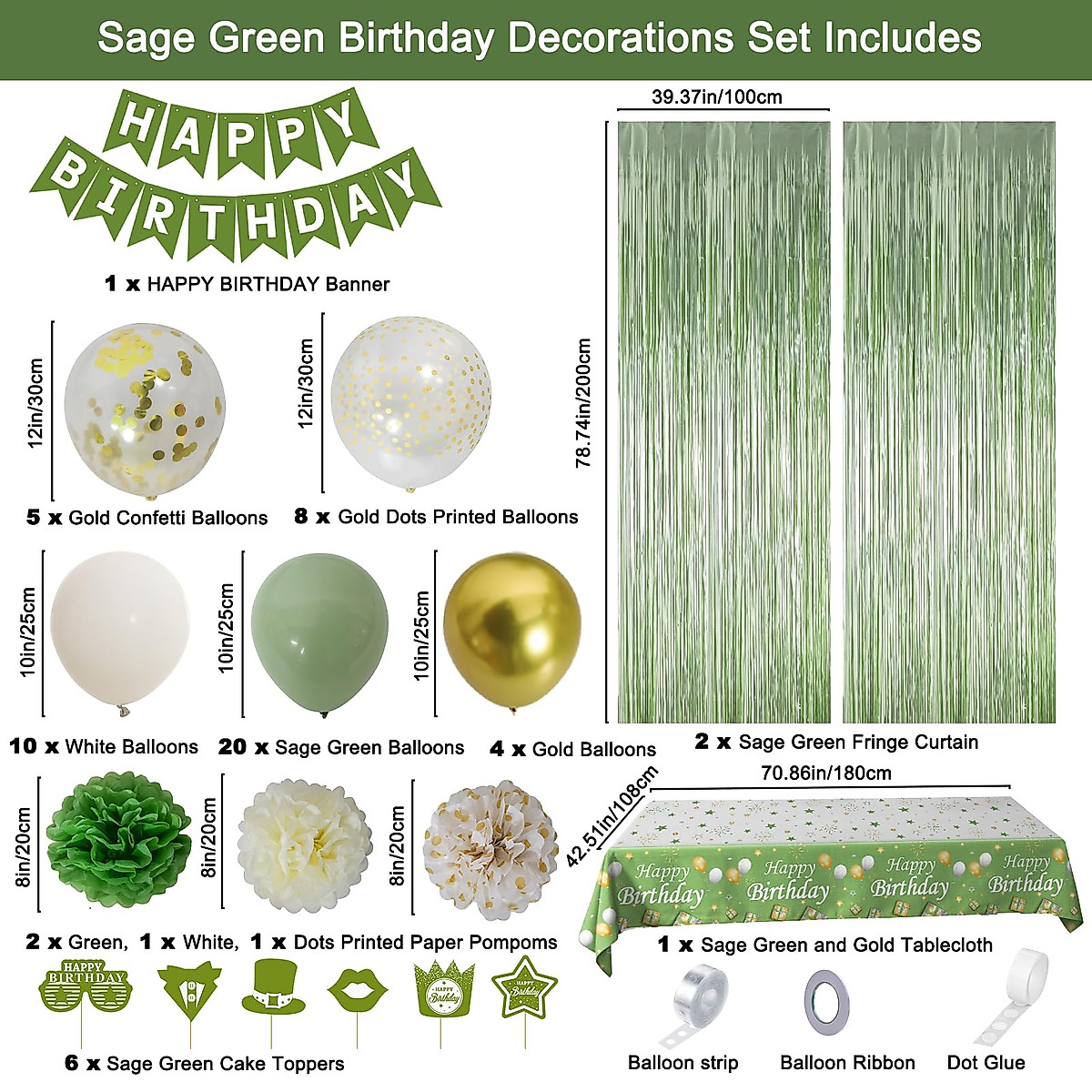 Sage Green Birthday Decorations for Women Girls, Olive Green Happy Birthday Party Decorations, Green Happy Birthday Banner Birthday Balloons Fringe Curtain Tablecolth Bday Party Supplies Gold White