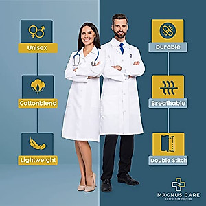 Magnus Care Professional Lab Coat for Women & Men, White Unisex Labcoat, Cotton Poly Medical Doctor Nurse Med Laboratory Coat