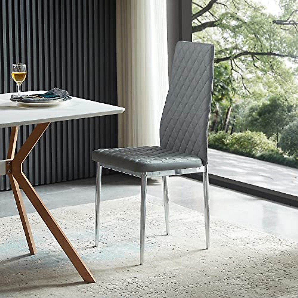Hommoo PU Leather Dining Chairs Set of 6 Modern Kitchen Chairs with Grid Pattern and Electroplate Solid Metal Legs Armless Side Chairs for Home Living Room Kitchen Dining Room Grey