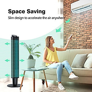 Tower Fan for Bedroom, 42'' Standing Fan Oscillating Quiet with Remote, 90° Cooling Bladeless Fan with Height Adjustable, 5 Speeds 3 Modes, 12H Timer, LED Touchpad, Floor Fans for Home and Office