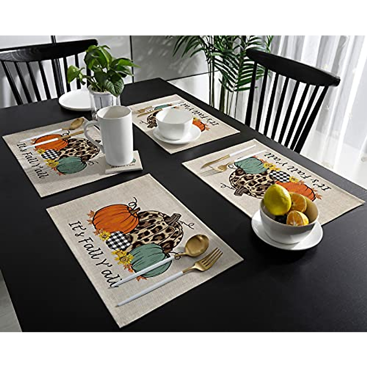 Thanksgiving Day Placemats Set of 6 Harvest Pumpkin Orange Cotton Linen Place Mats Leopard Sunflower It's Fall Y'all Heat Resistant Kitchen Tablemats for Thanksgiving Day Decoration Dinner Party