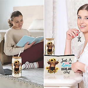 SAIWEILAI ONLINE 6 Pieces Highland Cow Gifts Set for Women Cow Lovers 16oz Glass Cups Just a Girl Who Loves Highland Cow Makeup Bag Cow Socks Keychain Earrings and Gift Box for Women Mom Sister Gift