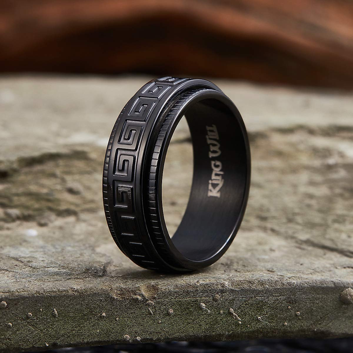 King Will 8mm Black Spinner Stainless Steel Ring Fidget Ring Anxiety Ring for Men Greek Key Pattern