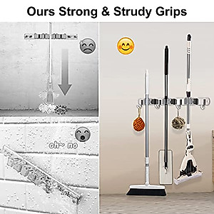 GDTOOLMMY Broom Holder Wall Mount, Stainless Steel Mop Holder Self Adhesive Durable Heavy Duty Broom Hanger Storage Rack for Home, Kitchen, Garden and Garage 5 Rack 4 Hooks(2pack)