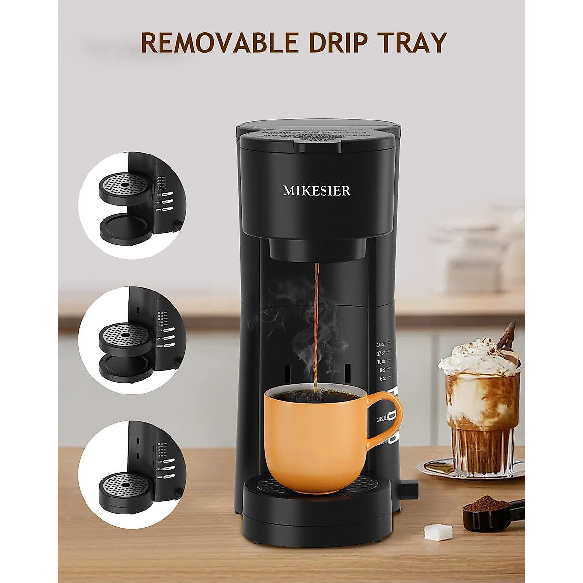 MIKESIER 3IN1 Single Serve Coffee Maker for K Cup & Ground, Small Coffee Machine with Milk Frother, 6-14oz Brew Size, 28oz Water Tank, Adjustable Drip Tray