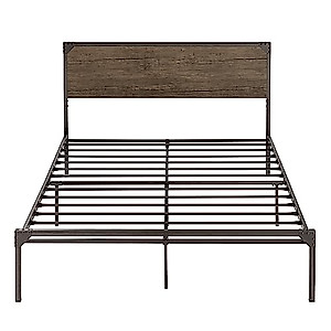 Allewie Queen Size Bed Frame with Wood Headboard, Metal Platform Frame with Strong Slats and Rivet Decoration, Easy Assembly, No Box Spring Needed, Noise Free, Brown