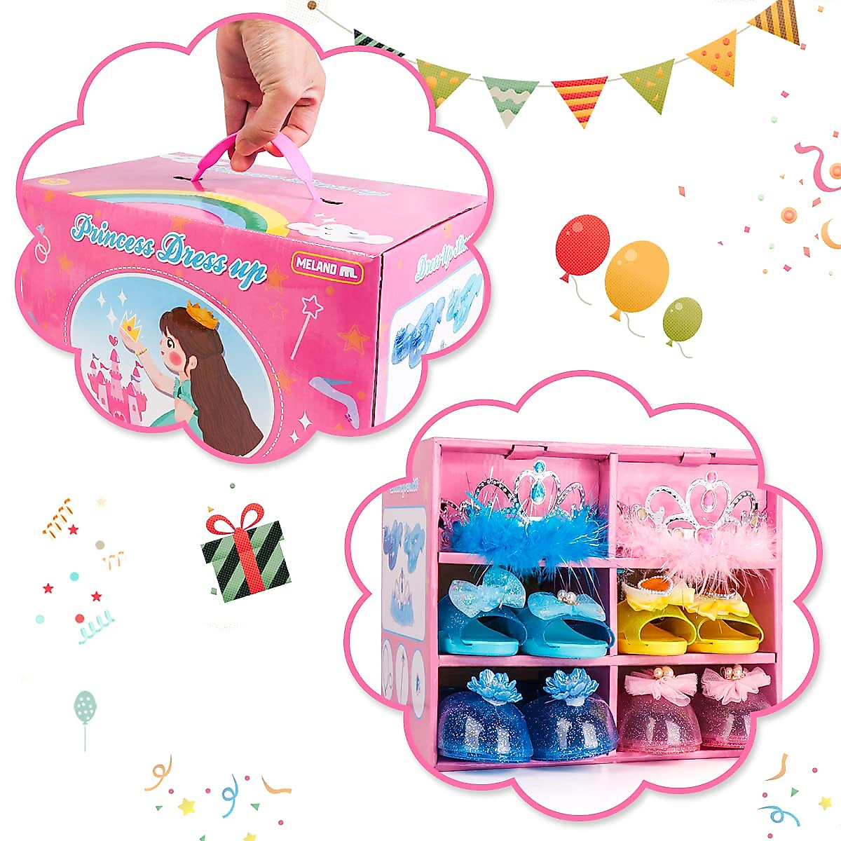 Princess Dress Up Shoes and Jewelry Boutique - 4 Pairs of Play Shoes and Pretend Jewelry Toys Accessories Play Gift Set for Toddlers Little Girls Aged 3,4,5,6 Year Old