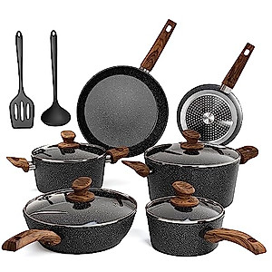 MAISON ARTS 12 Piece Pots and Pans Set Kitchen Cookware Sets Nonstick Granite Cooking Set for Induction & Dishwasher Safe, Oven, Stovetop, Black