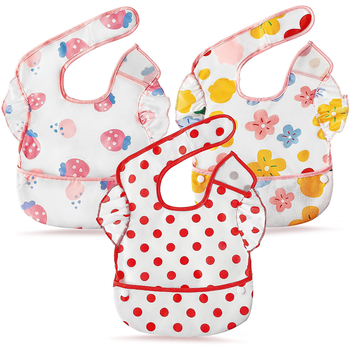 2ooya 3Pcs Mess Proof Bibs for Baby Girls Eating Waterproof Feeding Bib Set with Crumb Catcher Infant Adjustable Teething Bib Sleeveless Food Bibs for Babies, 6-36 Months