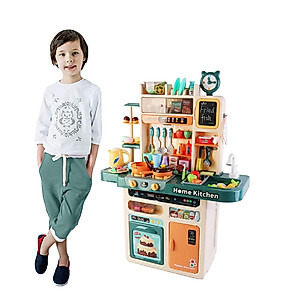 deAO My Happy Little Chef Kitchen 80 Pieces Pretend Play Set with Multi-functional Button Panel, Light, Sound, Real Steam Functions and Colour Changing Accessories Included(Blue)