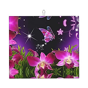 Pink Flower and Butterfly Printed Drying Mat For Kitchen Ultra Absorbent Microfiber Dishes Drainer Mats Non-Slip Silicone Quick Dry Pad - 18 X 16inch