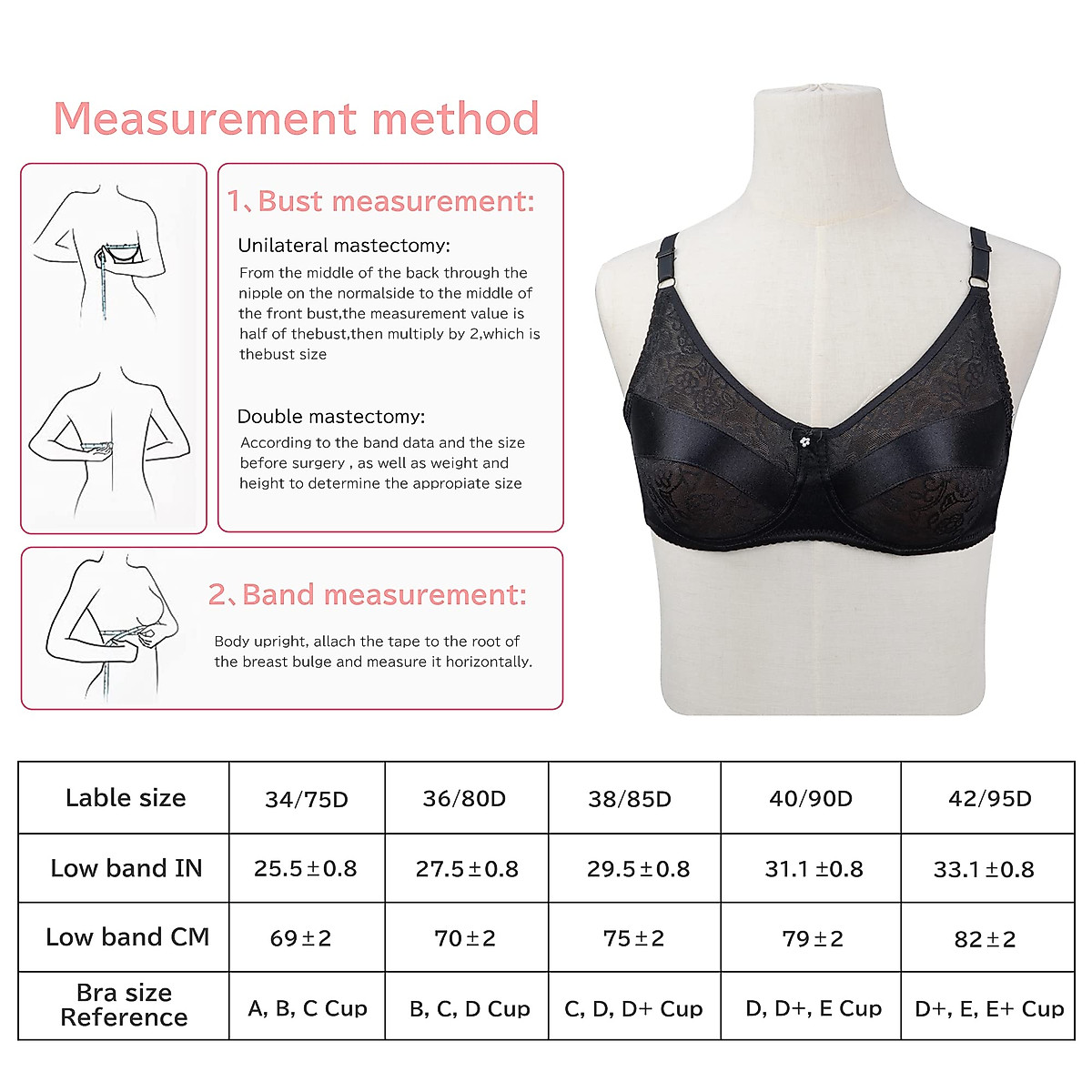 Pocket Bra for Crossdressing Mastectomy Prosthesis Breast Forms Underwired Post-Surgery Bra Black 46/105D
